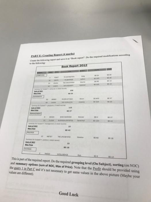 Solved PART C: Queries (5 marks) * Query 1: Create a query | Chegg.com