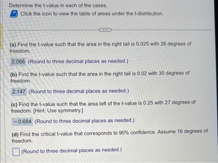 Solved Determine the t-value in each of the cases. Click the | Chegg.com