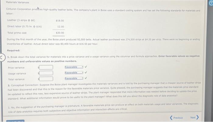 Solved Materials Variances Cinturon Corporation produces | Chegg.com