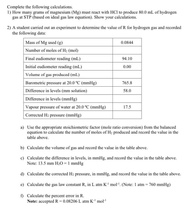 Solved Pre-lab Questions: Evaluation of the Gas Law Constant | Chegg.com