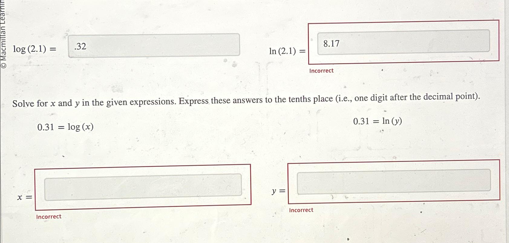 Solved log(2.1)=\\nln(2.1)=\\nIncorrect\\nSolve for x and y | Chegg.com
