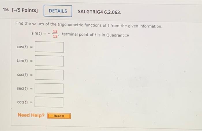 Solved 19. [-15 Points) DETAILS SALGTRIG4 6.2.063. Find the | Chegg.com Solved 19. [-15 Points) DETAILS SALGTRIG4 6.2.063. Find the | Chegg.com