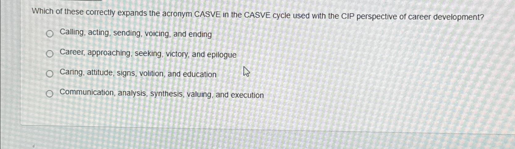 Solved Which of these correctly expands the acronym CASVE in | Chegg.com