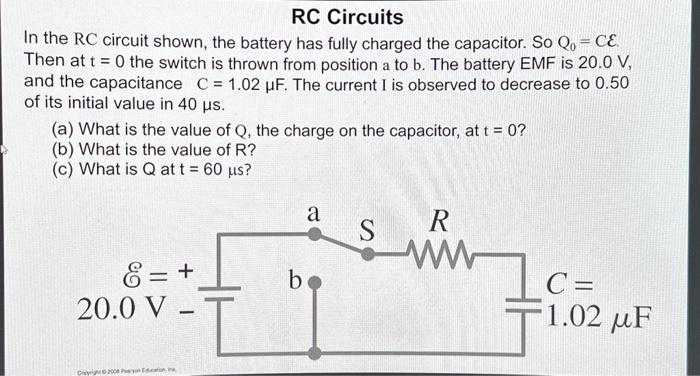 Solved RC Circuits In the RC circuit shown, the battery has | Chegg.com