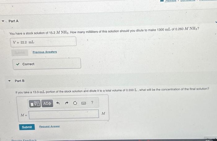 Solved Part B If you take a 13.0-mL portion of the stock | Chegg.com