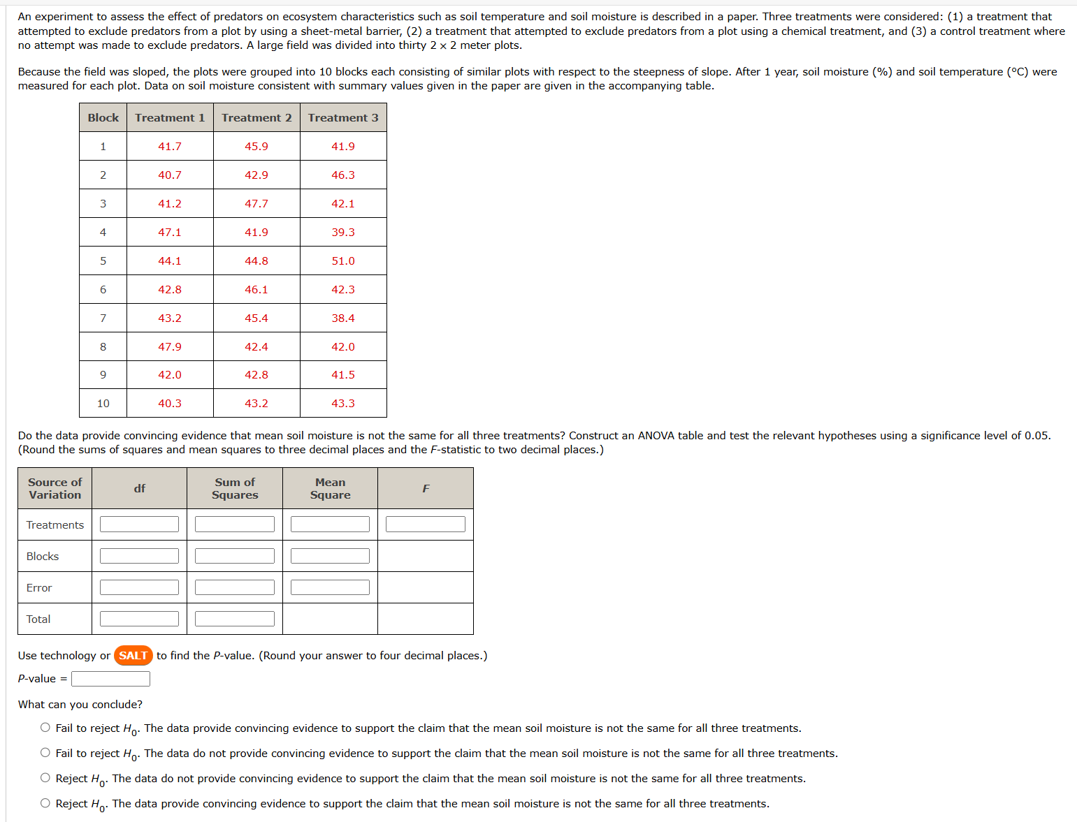 Solved An experiment to assess the effect of predators on | Chegg.com