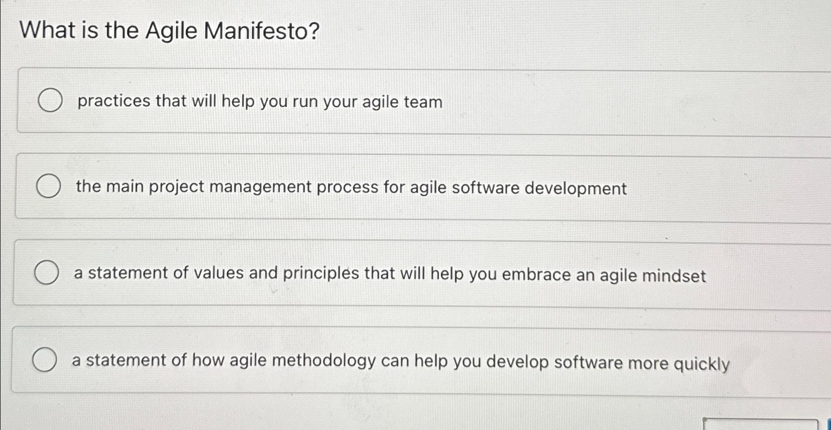 Solved What is the Agile Manifesto?practices that will help | Chegg.com