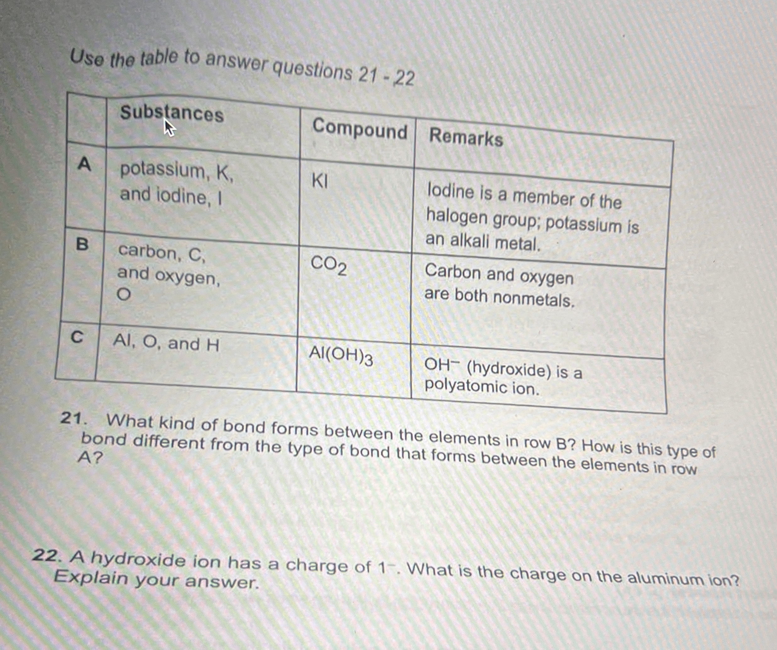 Solved use the table to answer questions 21 ﻿through 2221. | Chegg.com