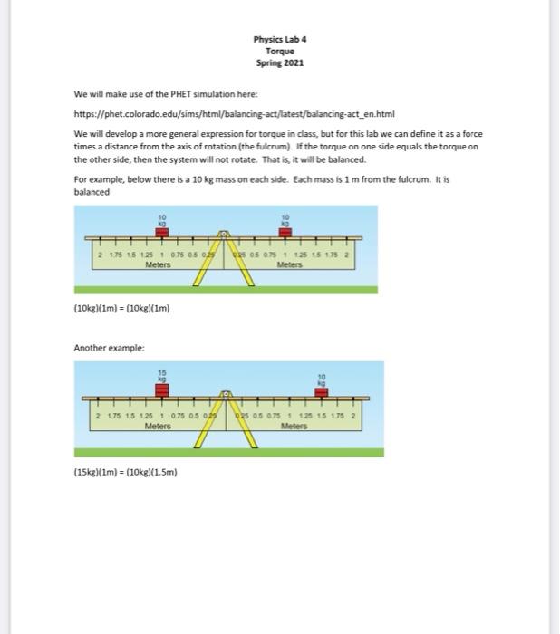 Solved Physics Lab 4 Torque Spring 2021 We will make use of | Chegg.com
