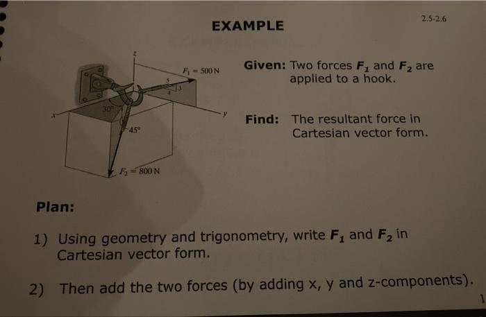 Solved EXAMPLE Given: Two forces F1 and F2 are applied to a | Chegg.com