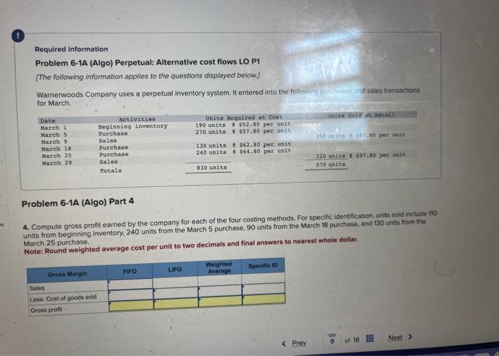 Solved Required information Problem 6-1A (Algo) Perpetual: | Chegg.com