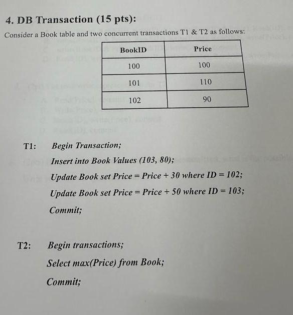 Solved 4. DB Transaction (15 pts): Consider a Book table and | Chegg.com
