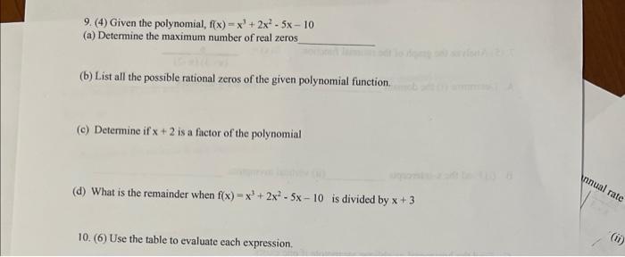 Solved 9. (4) Given the polynomial, f(x)=x3+2x2−5x−10 (a) | Chegg.com