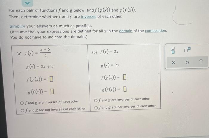 Solved For each pair of functions f and g below, find | Chegg.com