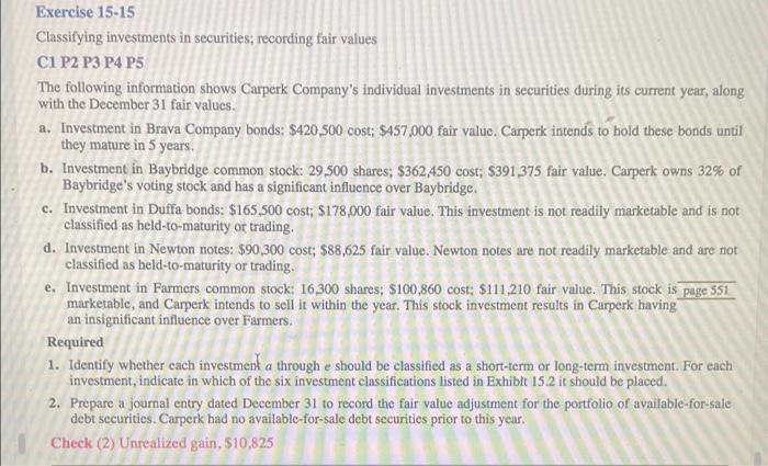 Solved Exercise 15-15 Classifying investments in securities; | Chegg.com