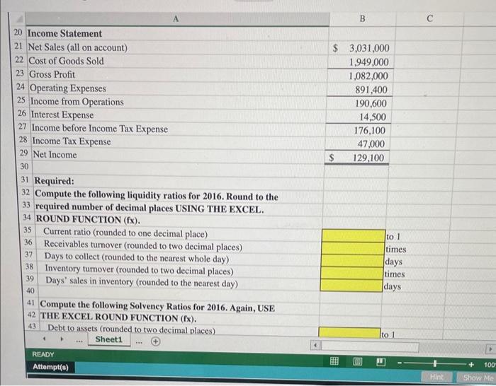 Solved Compute the following liquidity ratios for 2016. | Chegg.com