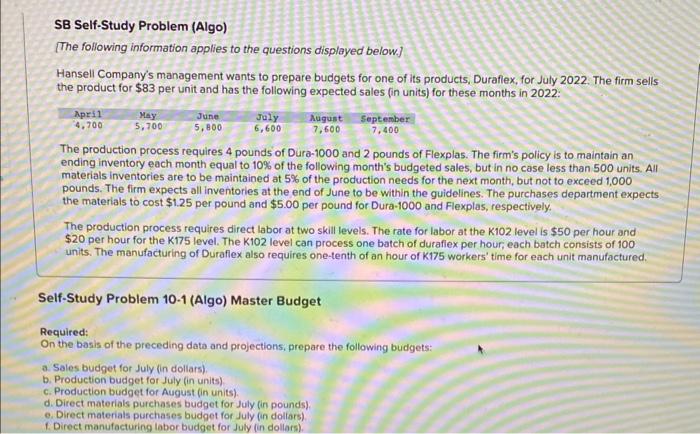 Solved SB Self-Study Problem (Algo) [The following | Chegg.com