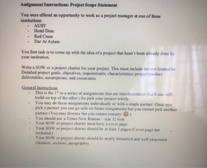 Assignment Instructions: Project Scope Statement You | Chegg.com
