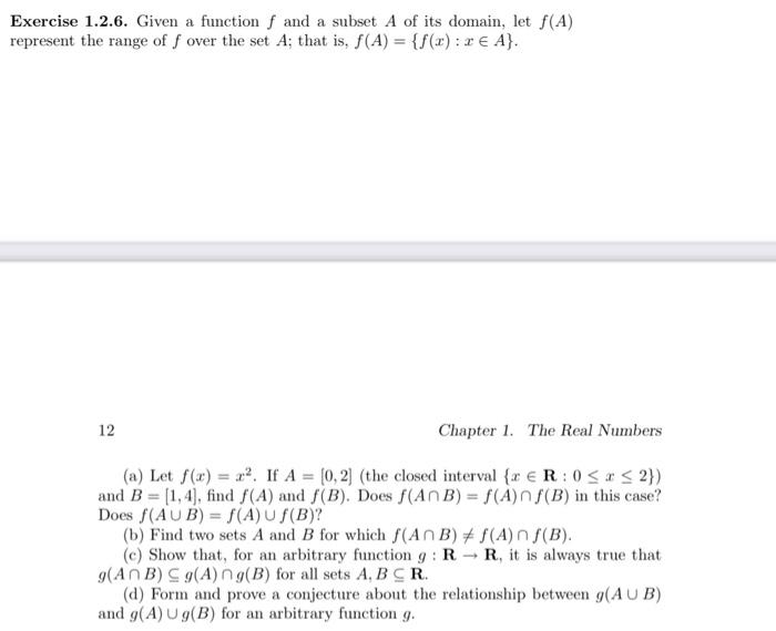 Solved Exercise 1.2.6. Given a function f and a subset A of | Chegg.com