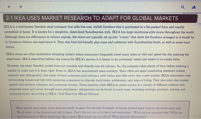 Solved a WA 2-1 IKEA USES MARKET RESEARCH TO ADAPT FOR | Chegg.com