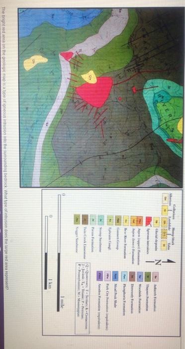 Solved (1) 1 mile. The bright red area on the geologic man | Chegg.com