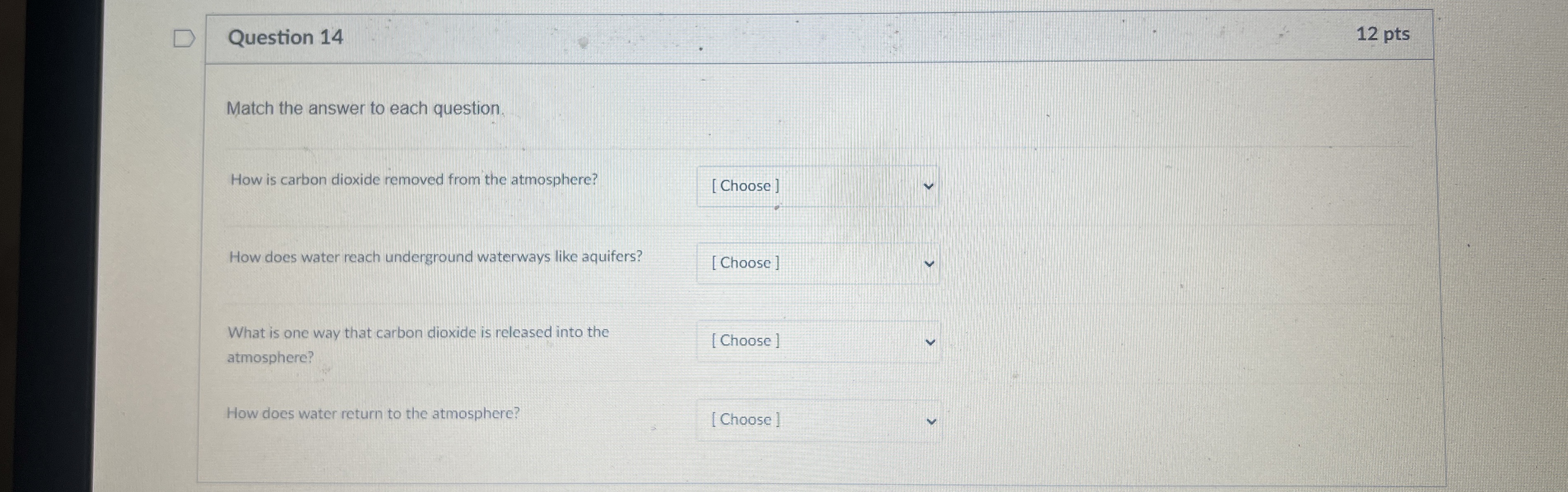 Solved Question 1412 ﻿ptsMatch the answer to each | Chegg.com