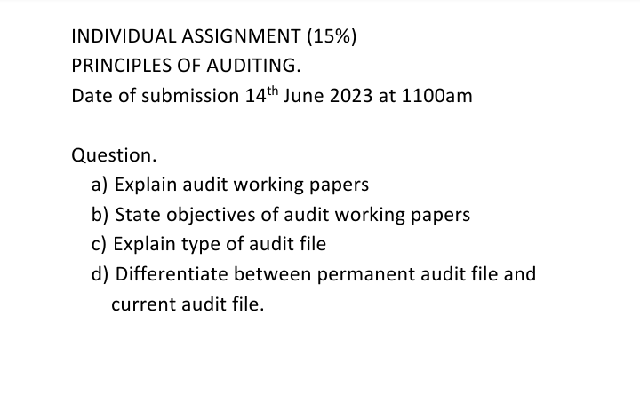 Solved INDIVIDUAL ASSIGNMENT (15\%) PRINCIPLES OF AUDITING. | Chegg.com