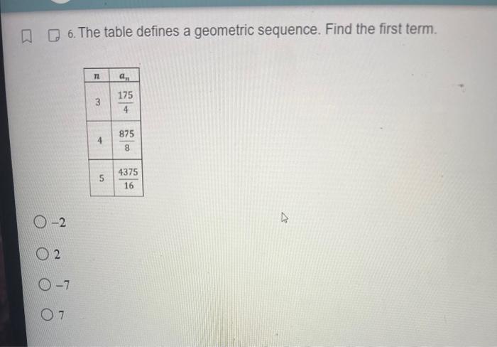 Solved 6. The table defines a geometric sequence. Find the | Chegg.com