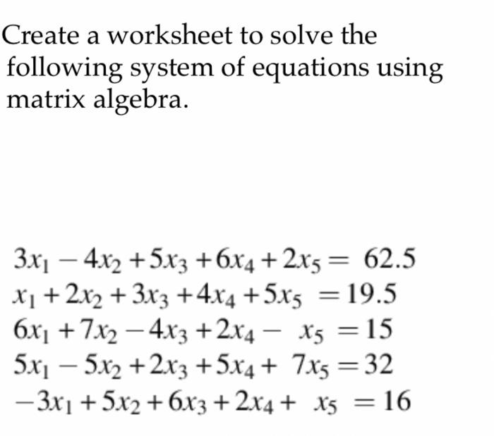 Solved Create a worksheet to solve the following system of | Chegg.com