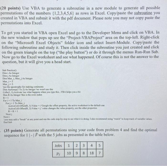 Solved 20 Points Use VBA To Generate A Subroutine In A New Chegg