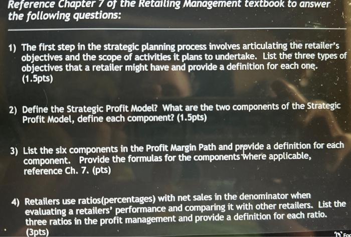 Solved Reference Chapter 7 of the Retailing Management | Chegg.com