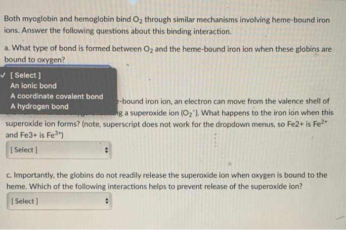 Solved Both myoglobin and hemoglobin bind O2 through similar | Chegg.com