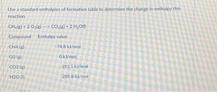 Solved Use a standard enthalpies of formation table to | Chegg.com