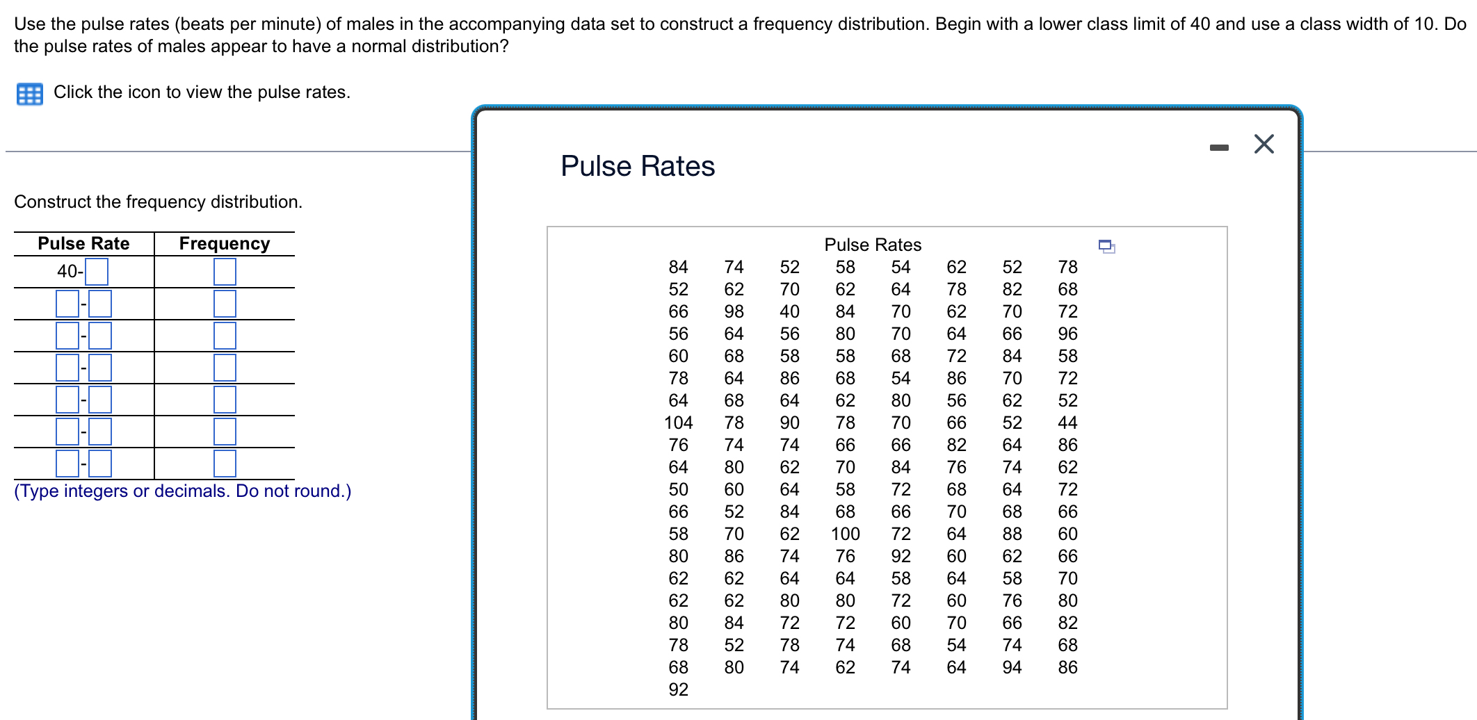 Solved Use the pulse rates (beats per minute) ﻿of males in | Chegg.com