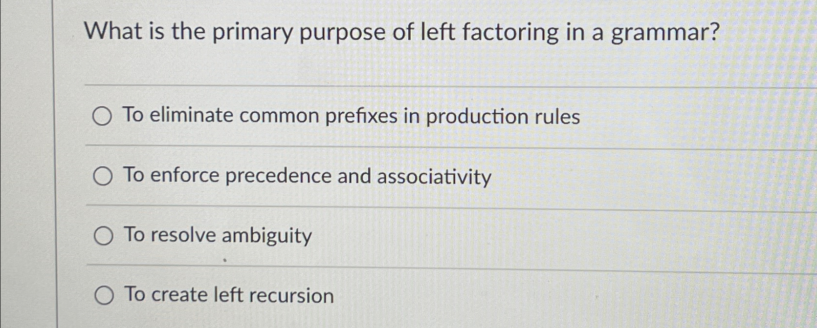 Solved What is the primary purpose of left factoring in a | Chegg.com