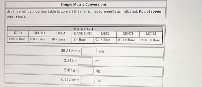 Solved Use the metric conversion table to convert the metric | Chegg.com