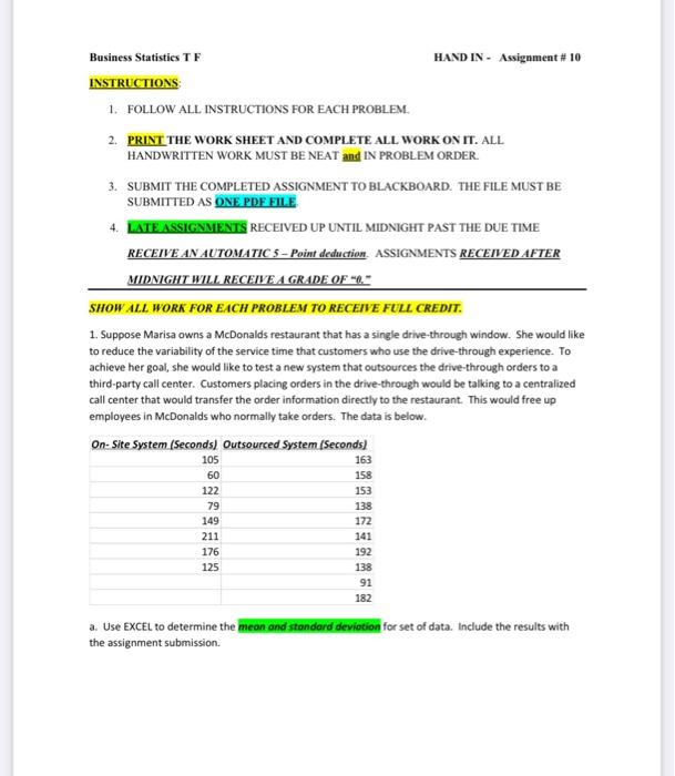 Solved Business Statistics T F HAND IN - Assignment \# 10 | Chegg.com