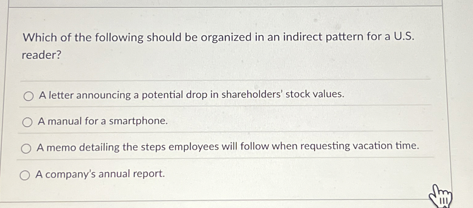 Solved Which of the following should be organized in an | Chegg.com
