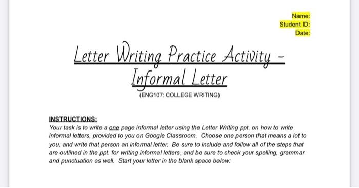 Solved Name: Student ID: Date: Letter Writing Practice | Chegg.com