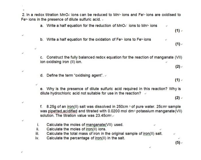 Solved redox titration MnO4 - ions can be reduced to Mn2+ | Chegg.com