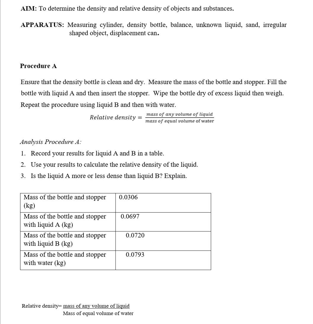 Solved AIM: To determine the density and relative density of | Chegg.com