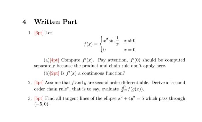 Solved 1. [6pt] Let f(x)={x2sinx10x =0x=0 (a) [4pt] Compute | Chegg.com