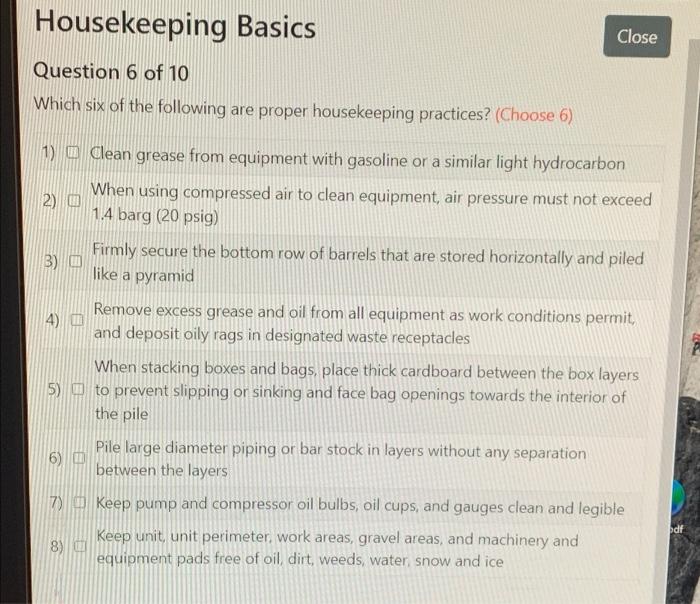 Solved Housekeeping Basics Close Question 6 of 10 Which six | Chegg.com