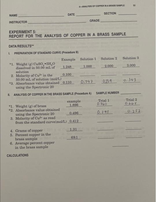 Solved 53 . ANALYSIS OF COPPER IN A BRASS SAMPLE NAME DATE | Chegg.com