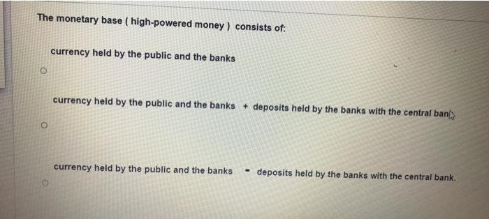 Solved The monetary base ( high-powered money) consists of: | Chegg.com