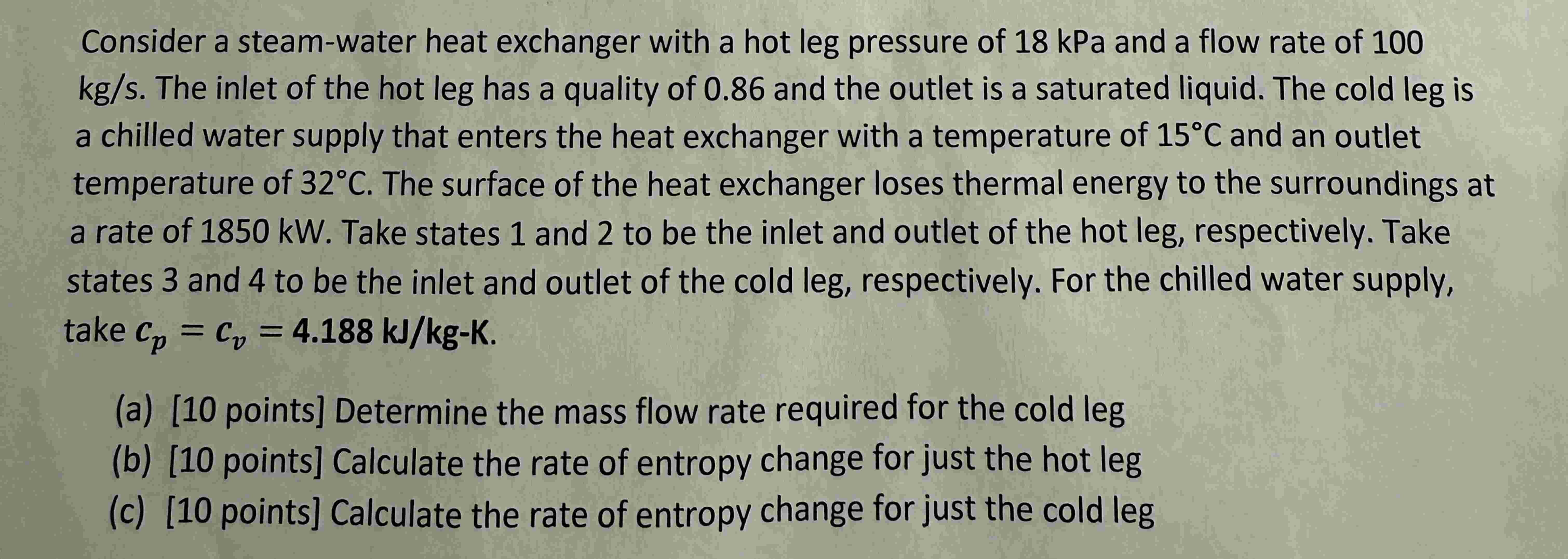 Solved Consider a steam-water heat exchanger with a hot leg | Chegg.com
