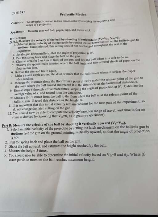 Solved PHY 241 Projectile Motion To investigate motion in | Chegg.com