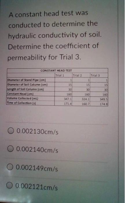 Solved A constant head test wasconducted to determine | Chegg.com