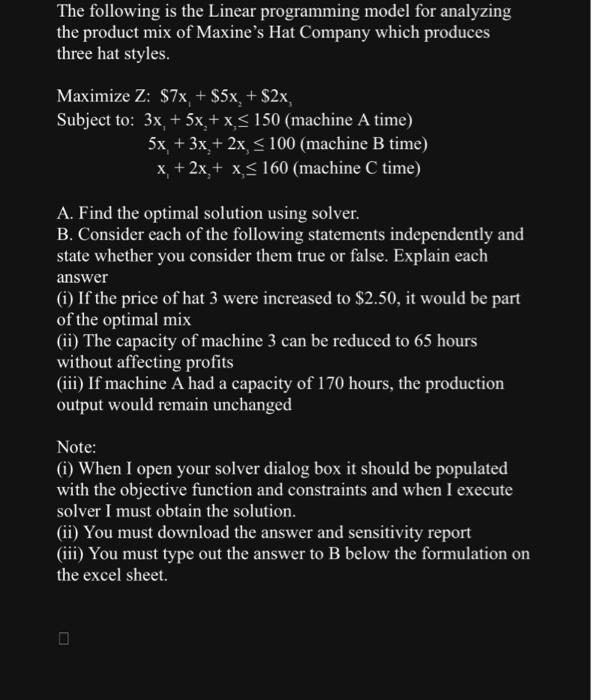 Solved The following is the Linear programming model for | Chegg.com