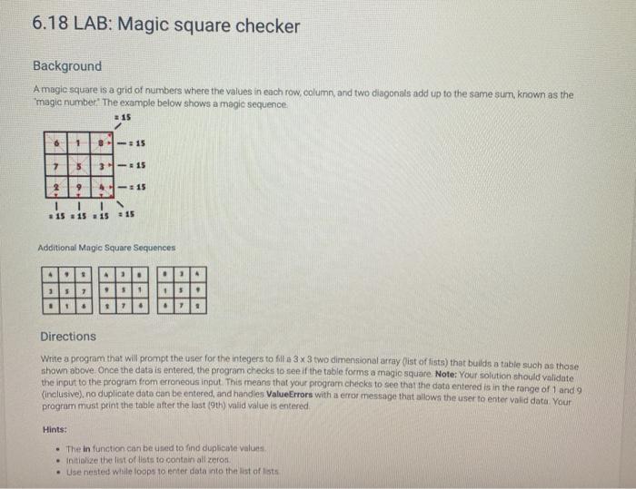 Solved 6.18 LAB: Magic square checker Background A magic | Chegg.com